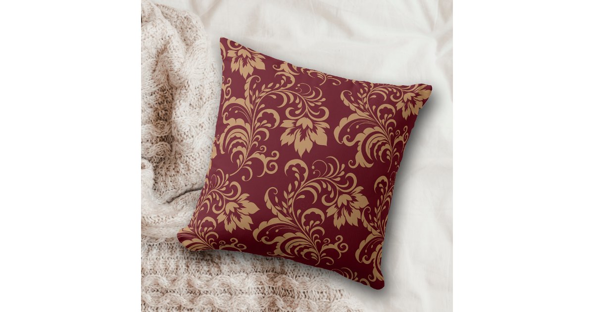Maroon Gold Floral Swirl Throw Pillow | Zazzle
