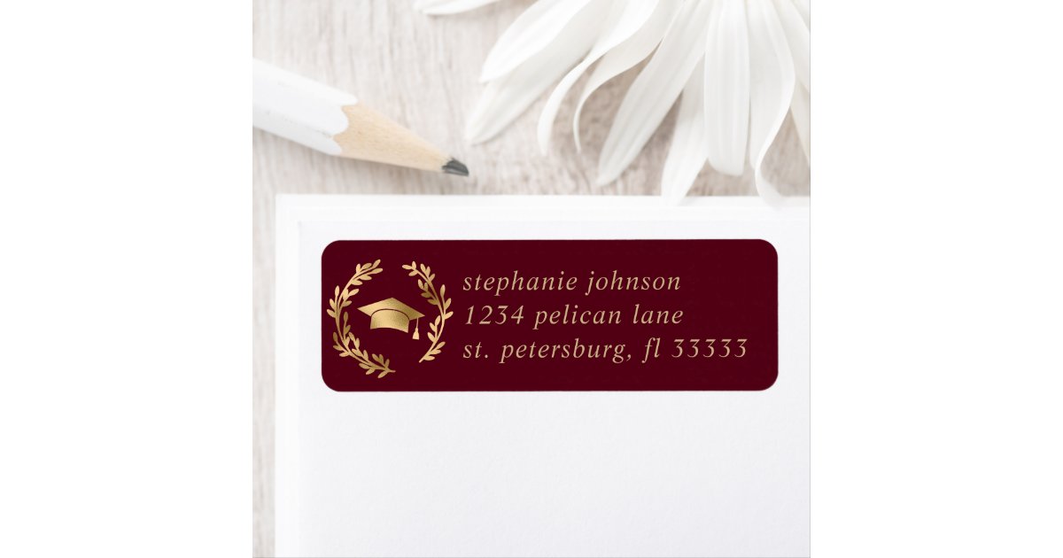 Maroon Gold Grad Cap Graduation Return Address Label | Zazzle