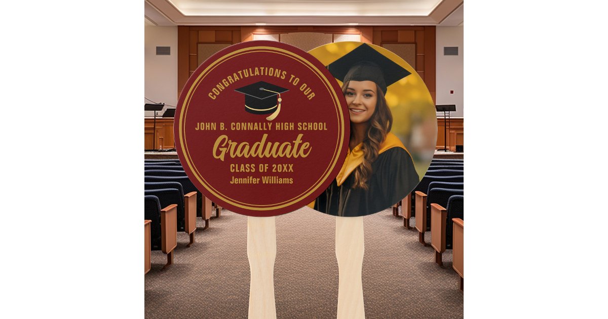 Maroon Gold Graduate Custom Graduation Photo Hand Fan | Zazzle