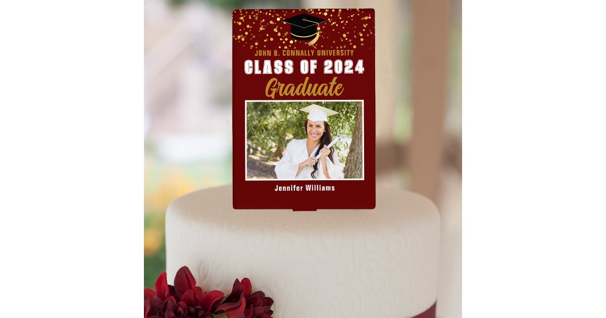 Maroon Gold Graduate Photo 2025 Graduation Party Cake Topper | Zazzle