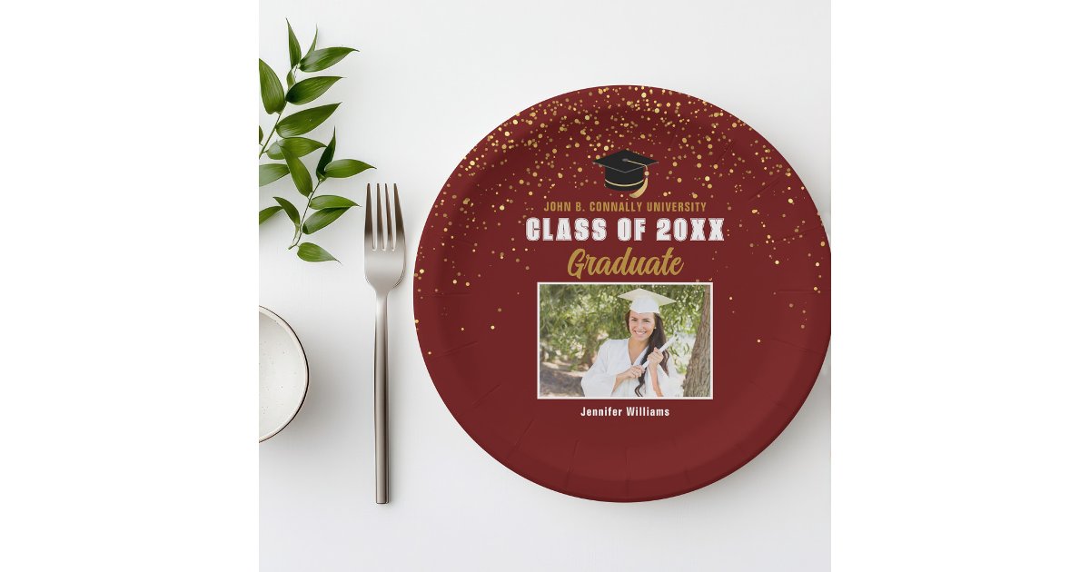 Maroon Gold Graduate Photo Chic Graduation Party Paper Plates | Zazzle