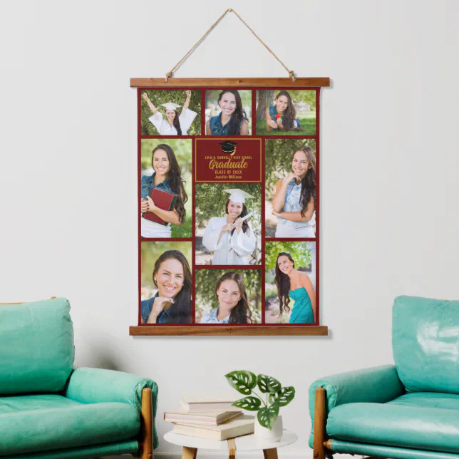 Maroon Gold Graduate Photo Collage Graduation Hanging Tapestry | Zazzle