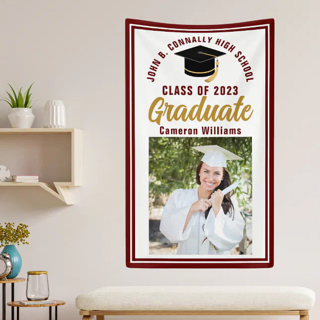 Maroon Gold Graduate Photo Vertical Graduation Banner | Zazzle