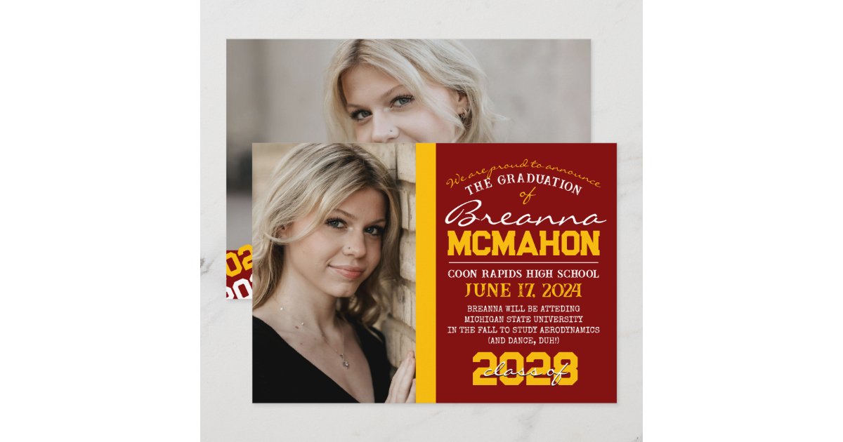 Maroon & Gold Graduation 2 Photo Announcement | Zazzle