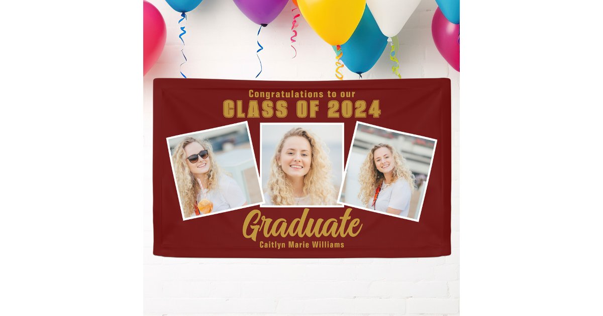 Maroon Gold Graduation Party Chic Photo Collage Banner | Zazzle
