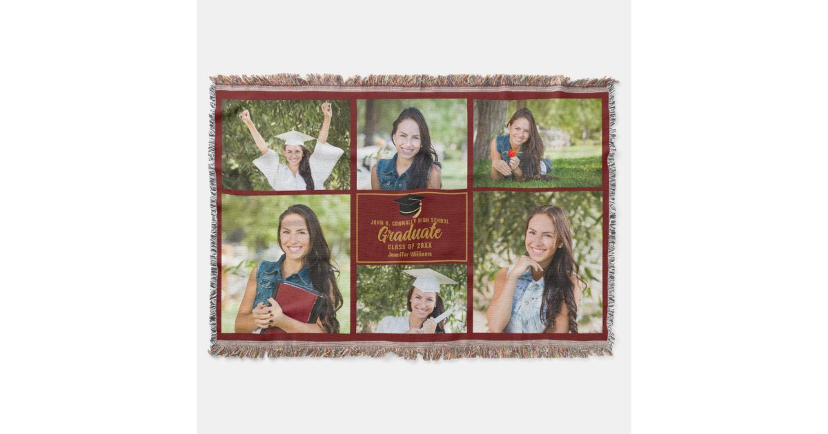 Maroon Gold Graduation Photo Collage Chic Custom Throw Blanket | Zazzle