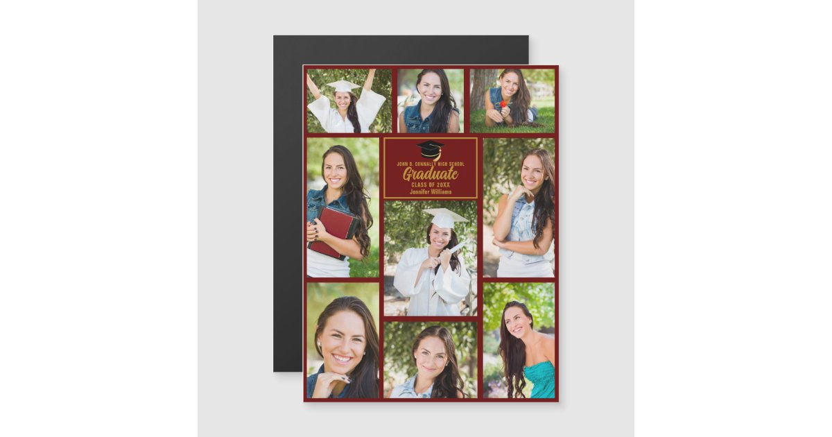 Maroon Gold Graduation Photo Collage Magnet Card | Zazzle