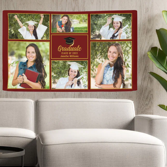 Maroon Gold Graduation Photo Collage Modern Party Banner | Zazzle