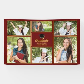 Maroon Gold Graduation Photo Collage Modern Party Banner | Zazzle