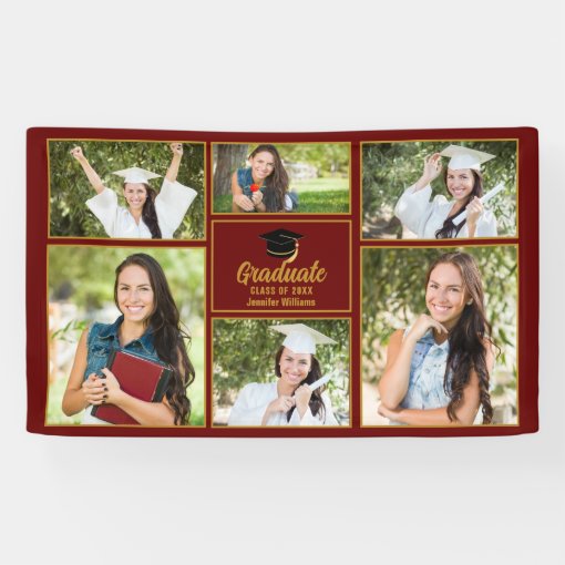 Maroon Gold Graduation Photo Collage Modern Party Banner | Zazzle