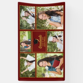 Maroon Gold Graduation Photo Collage Modern Party Banner | Zazzle