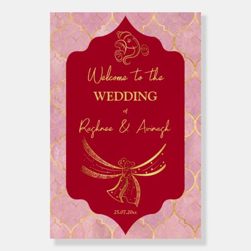 Maroon gold Hindu wedding welcome sign Ganesha | Zazzle