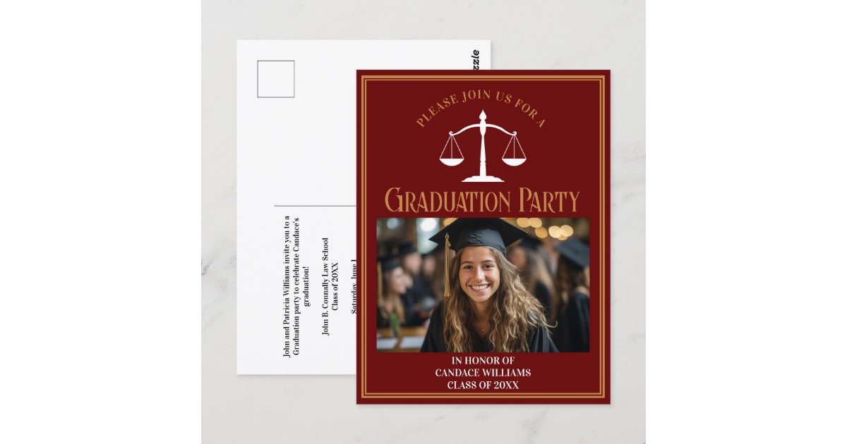 Maroon Gold Law School Graduation Party Invitation Postcard | Zazzle