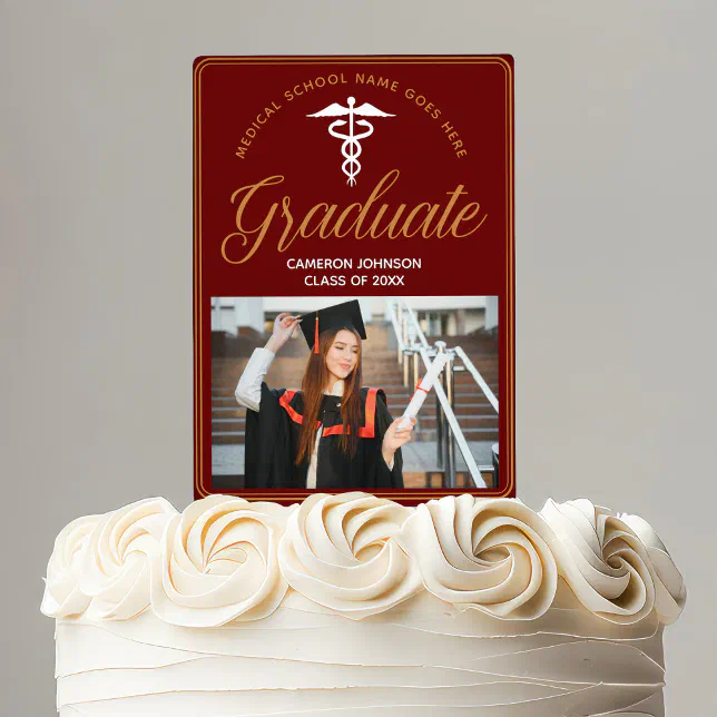 Maroon Gold Medical School Photo Graduation Cake Topper | Zazzle