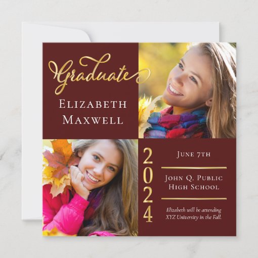 Maroon Gold Photo Graduation Announcement | Party | Zazzle