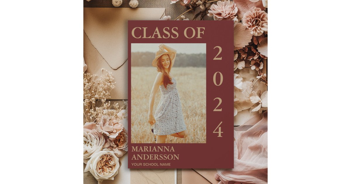 Maroon Gold Typography Photo Grad Announcement | Zazzle