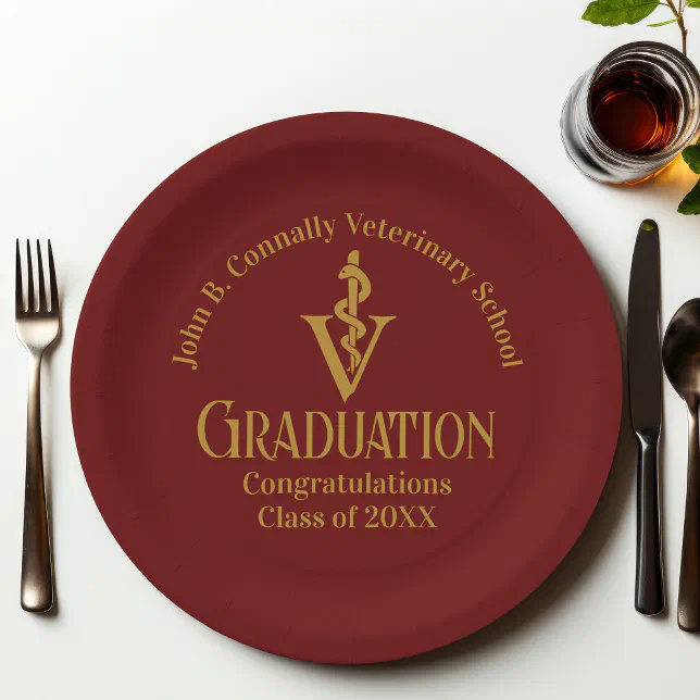 Maroon Gold Veterinary School Graduation Party Paper Plates | Zazzle