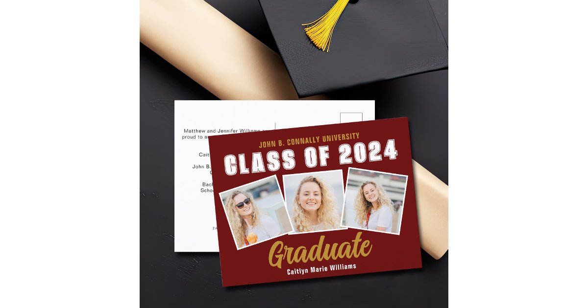 Maroon Gold White Photo Collage 2025 Graduation Announcement Postcard ...
