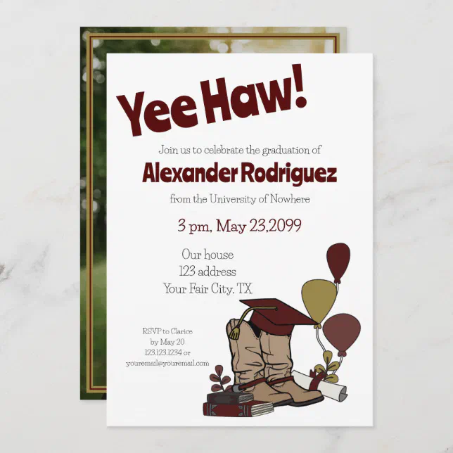 Maroon Graduation Cap Cowboy Boot Arrangement Invitation | Zazzle