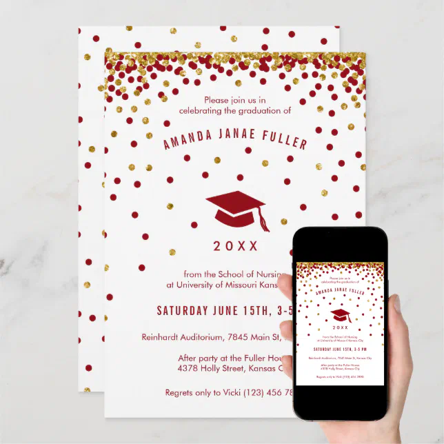 Maroon Graduation Invitation | Faux Gold Glitter | Zazzle