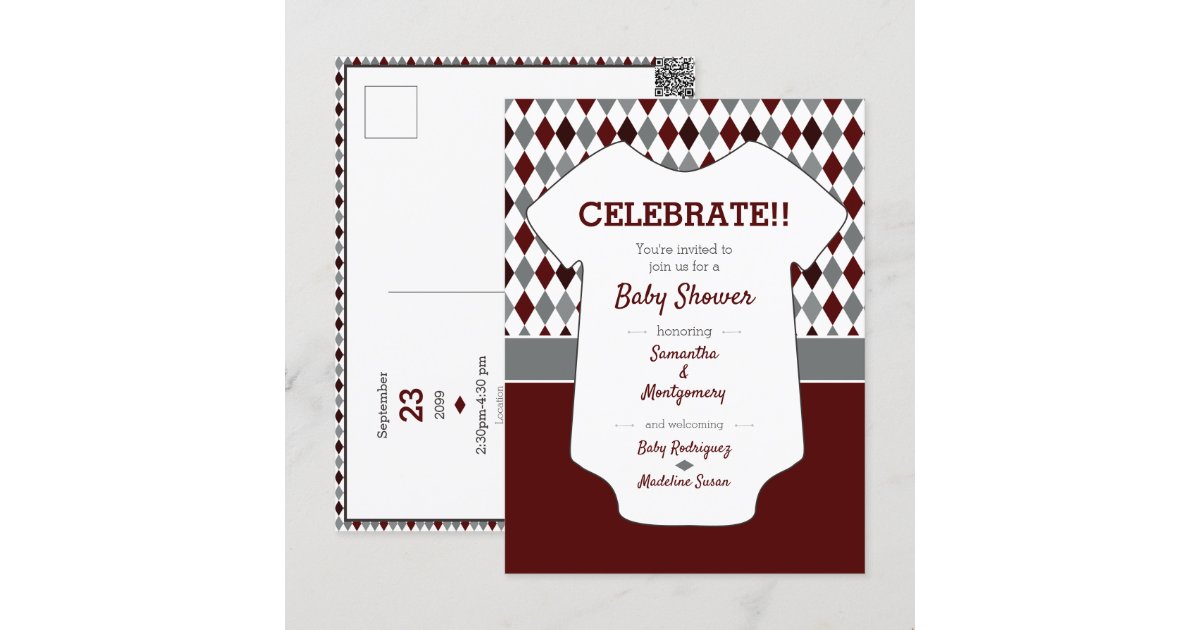 Maroon & Gray Blue Argyle Pattern Baby Shower Postcard | Zazzle