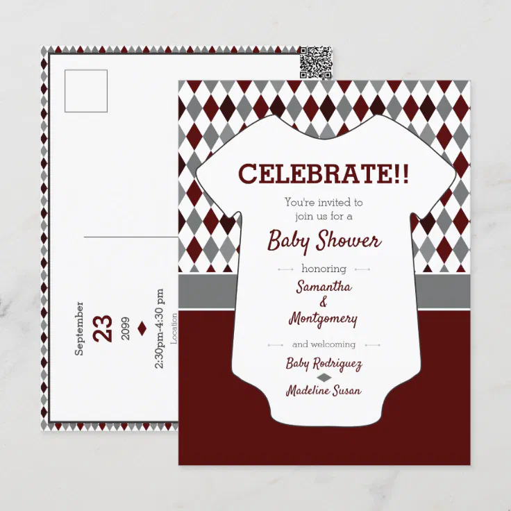 Maroon & Gray Blue Argyle Pattern Baby Shower Postcard | Zazzle