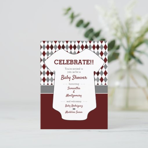 Maroon & Gray Blue Argyle Pattern Baby Shower Postcard | Zazzle