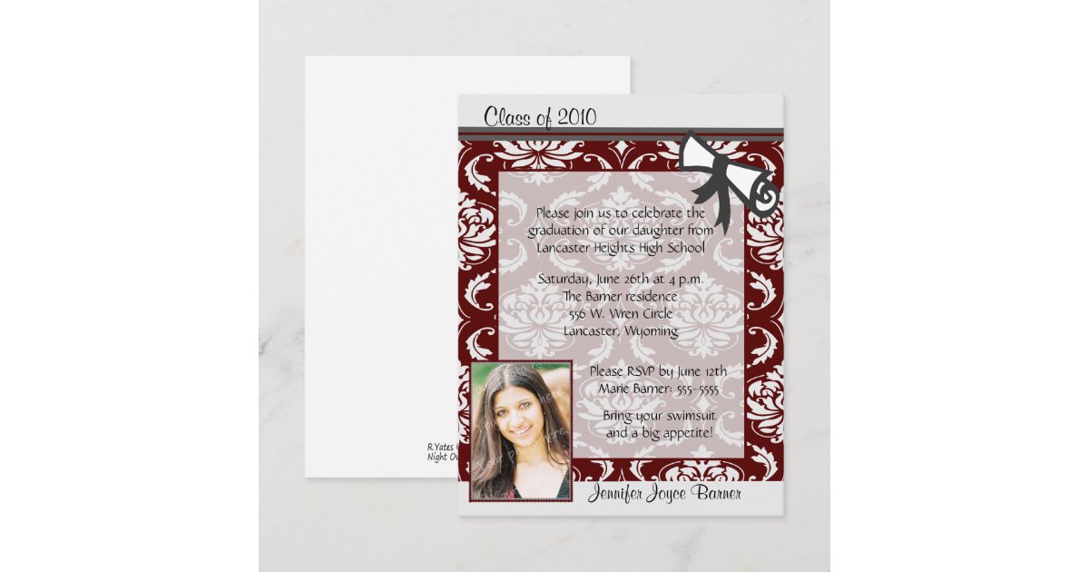 Maroon & Grey Damask Photo Graduation Invitation | Zazzle