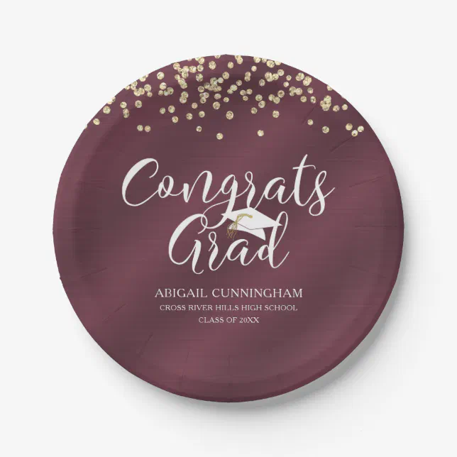 Maroon Metallic CONGRATS GRAD Confetti Personalize Paper Plates | Zazzle