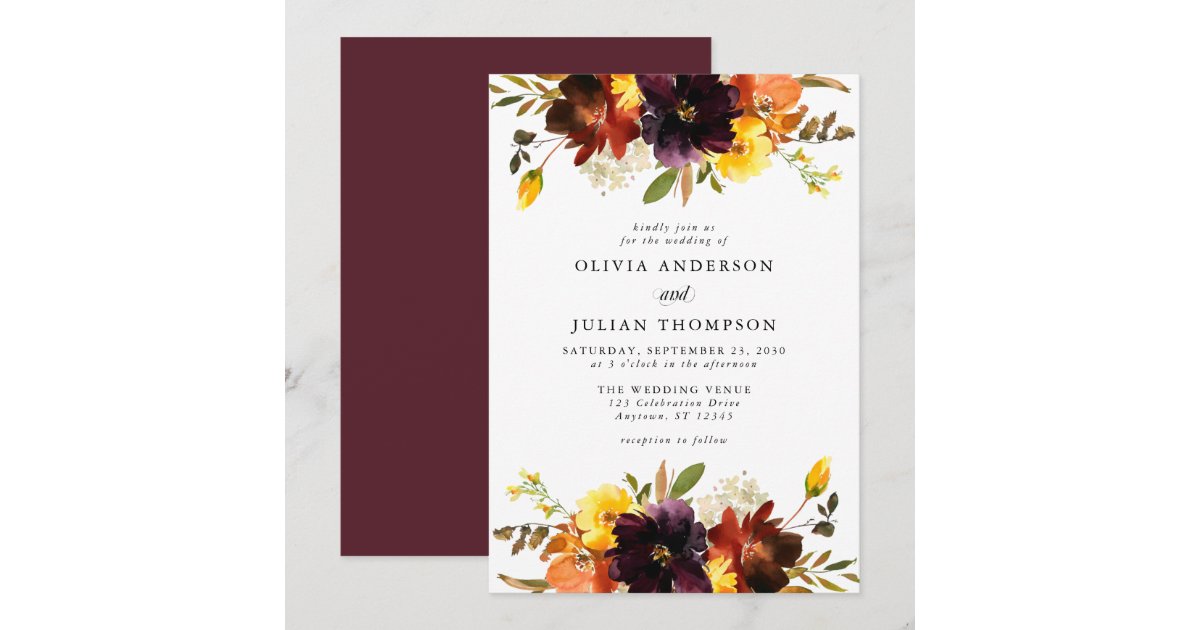 Maroon & Orange Fall Floral Watercolor Wedding Inv Invitation | Zazzle