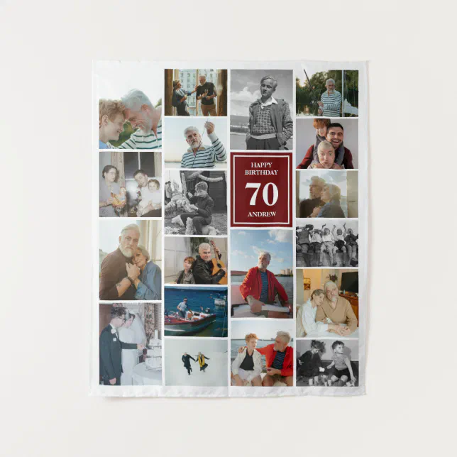 Maroon Photo Collage Happy Birthday Name & Age Tapestry | Zazzle