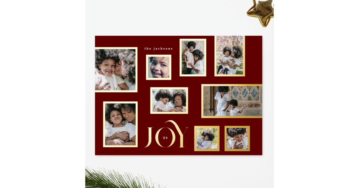 Maroon Photo GOLD Frames Collage Modern JOY Foil Holiday Card | Zazzle