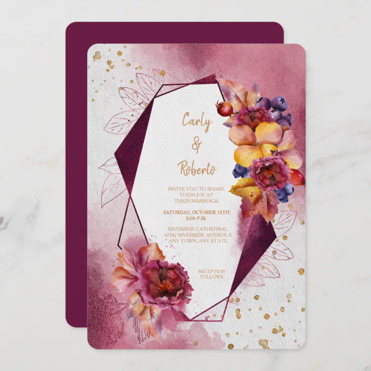 Maroon Pink Floral Modern Geometric Frame Wedding Invitation | Zazzle