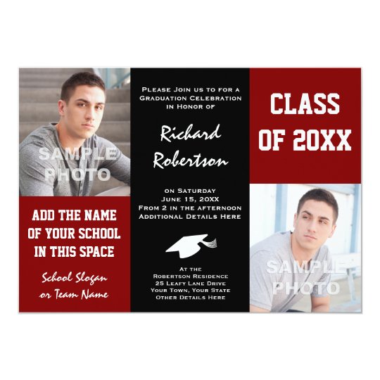 Maroon Red + Black School Colors Photo Graduation Invitation | Zazzle.com