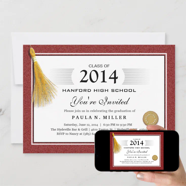 Maroon Red Border Diploma Graduation & Gold Tassel Invitation | Zazzle