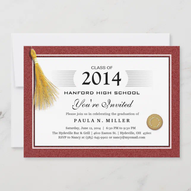 Maroon Red Border Diploma Graduation & Gold Tassel Invitation | Zazzle