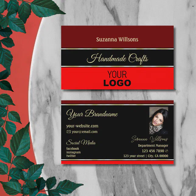 Maroon Red Borders on Black with Logo and Photo Business Card | Zazzle