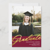 Maroon Red Gold Modern Script | Graduation Photo Announcement | Zazzle