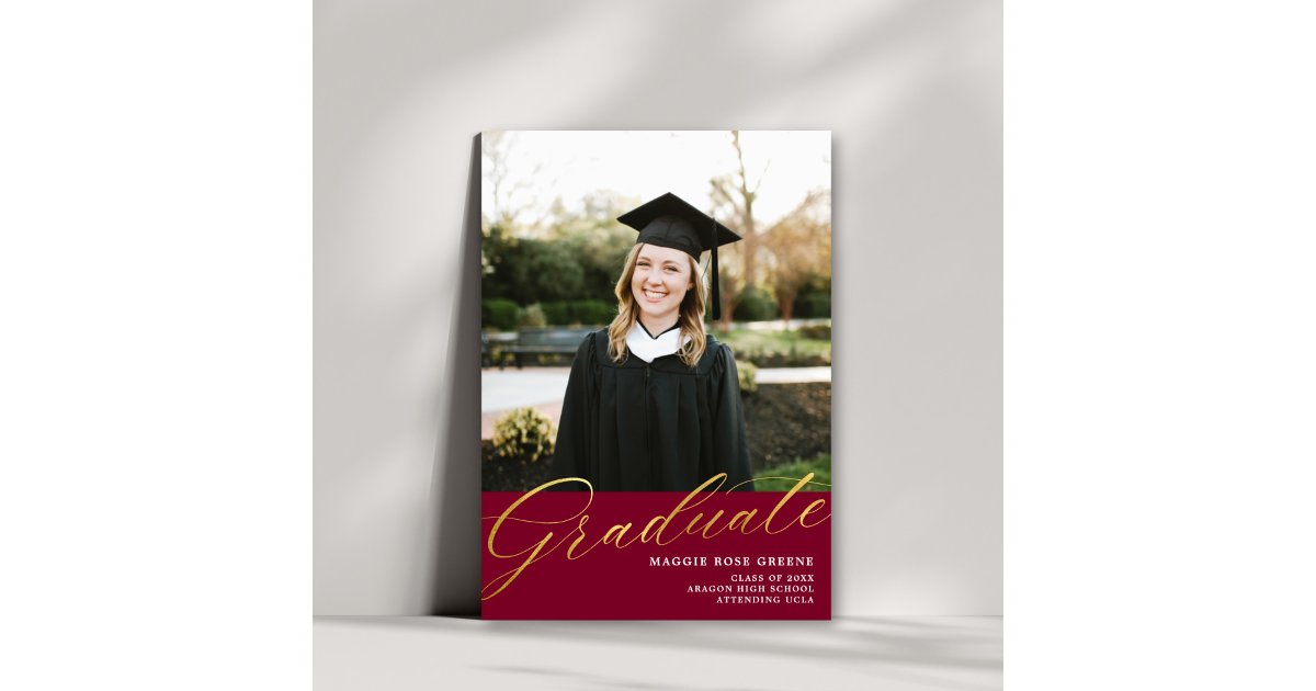 Maroon Red Gold Modern Script | Graduation Photo Announcement | Zazzle