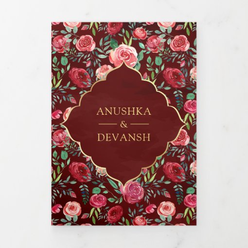 Maroon Red Roses Floral Gold Indian Wedding Tri-Fold Invitation | Zazzle