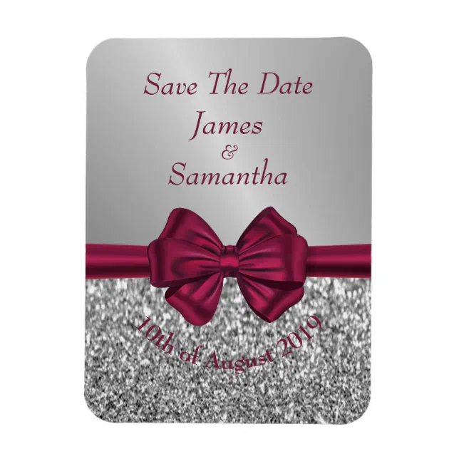 Maroon Satin Bow & Silver – Save The Date Magnet | Zazzle