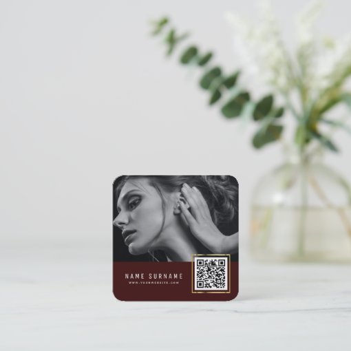 Maroon scannable barcode QR code photo Square Business Card | Zazzle