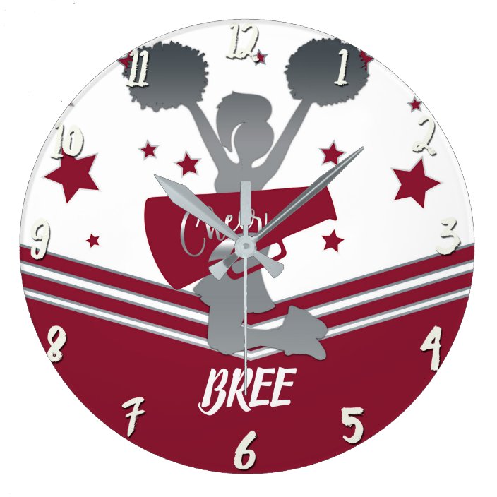 Maroon Silver Stars Cheer Cheer-leading Girls Large Clock | Zazzle