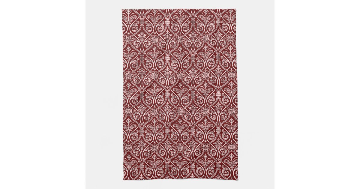 Maroon & White Damask Kitchen Towel | Zazzle