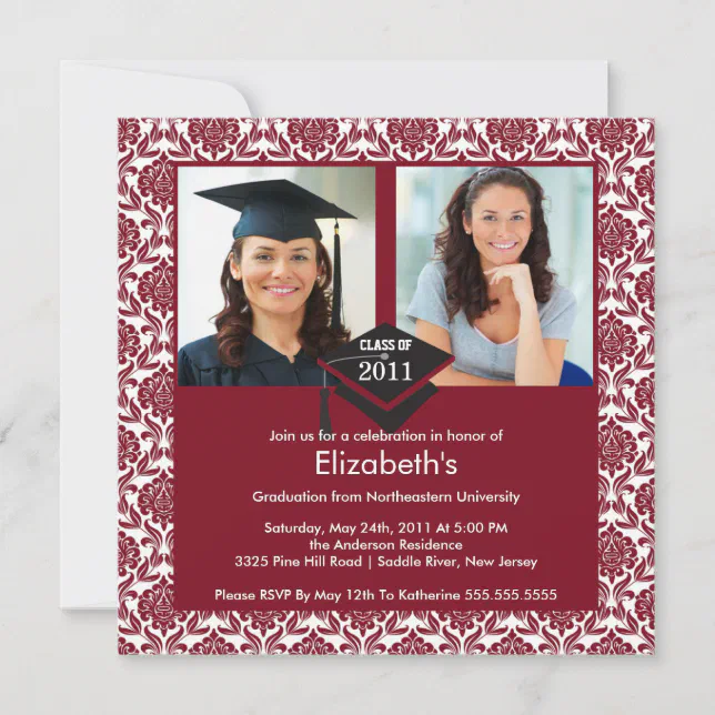 Maroon & White Damask Photo Graduation Invitation | Zazzle