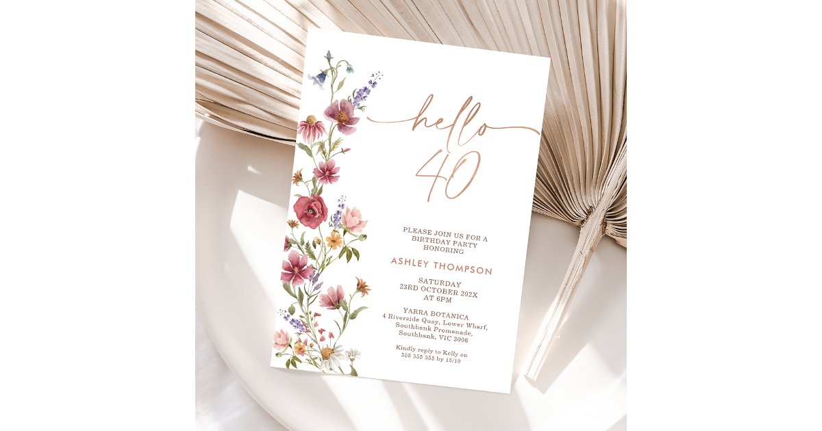 Maroon Wildflower Hello 40 Fortieth Birthday Invitation | Zazzle