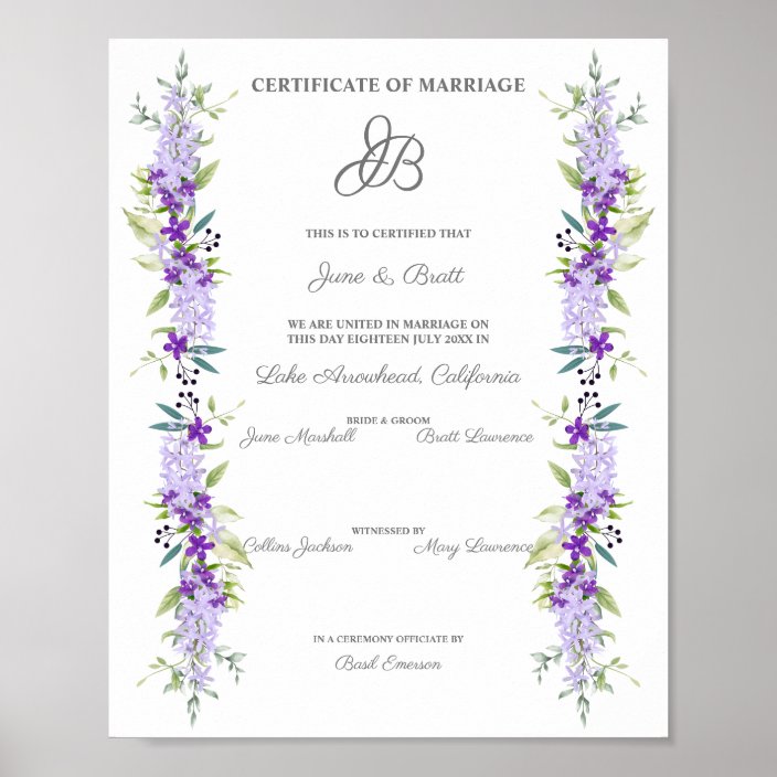 Marriage Certificate Design with Flowers & Leaves Poster | Zazzle.com