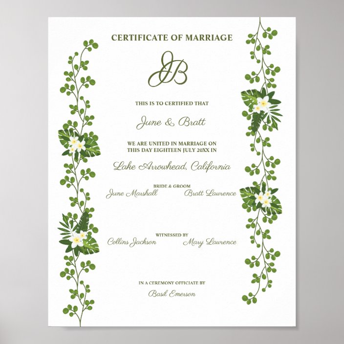 Marriage Certificate Design with Tropical Leaves Poster | Zazzle.com