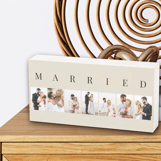 MARRIED 7 Picture Photo Collage Natural and Black Wooden Box Sign | Zazzle