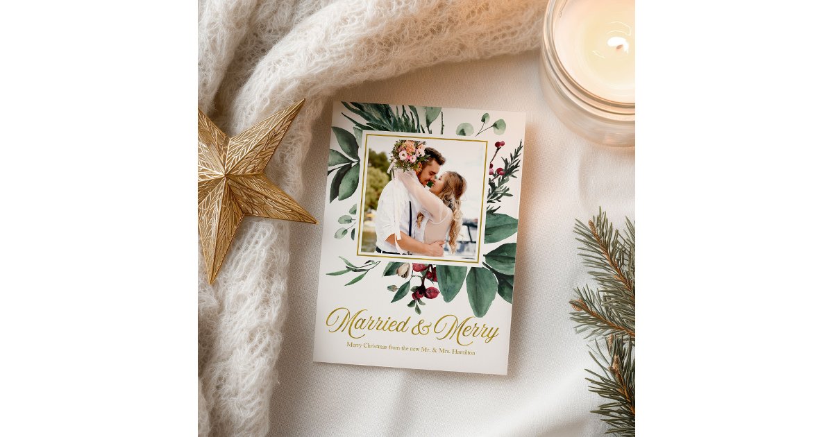Married And Merry Holiday Christmas Photo Postcard | Zazzle